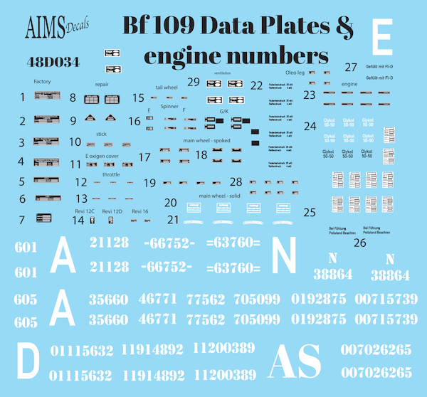 Aims Decals 48D034 Messerschmitt Bf109 Data Plates and engine num