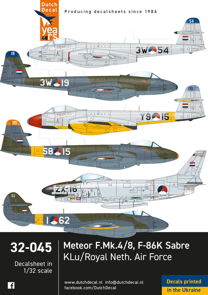 Dutch Decal DD32045 Gloster Meteor F4/F8, F86K Kaasjager (KLu/Ro