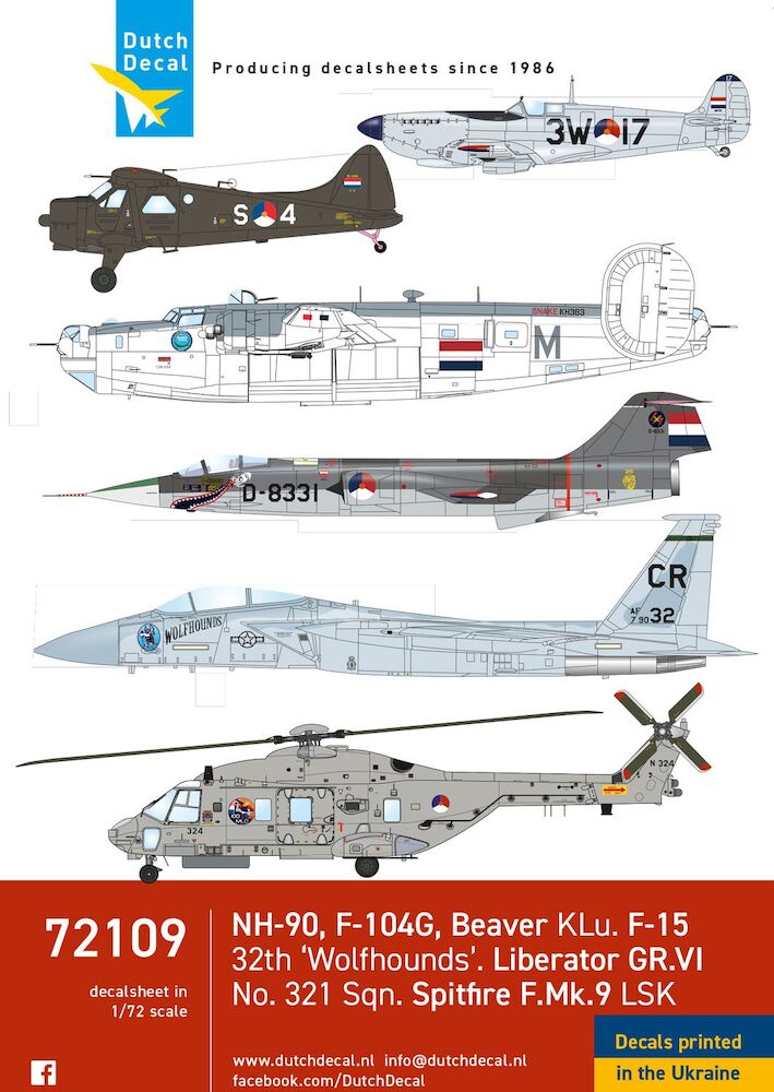 Dutch Decal DD72109 NH90, F104G Starfighter, Liberator GR MkVI, D