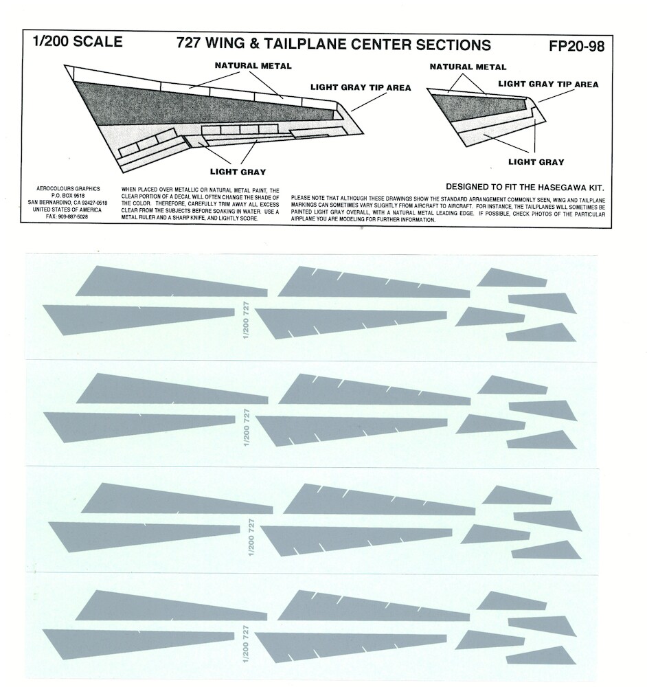 Flightpath Decals FP20-98 Boeing 727 Wing Center Sections (Corogu
