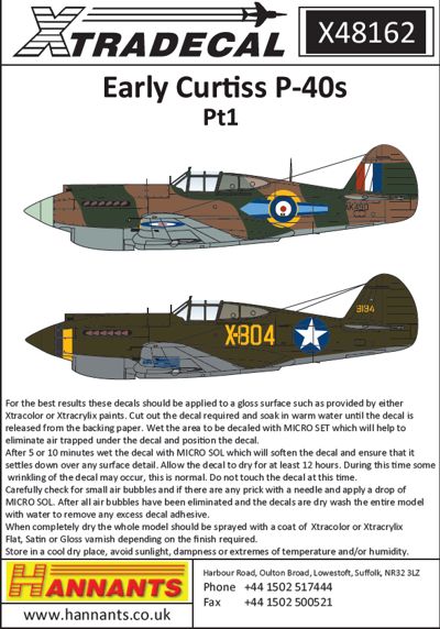 Xtra-decal X48162 Curtiss P-40B Tomahawk Pt 1 (Airfix)
